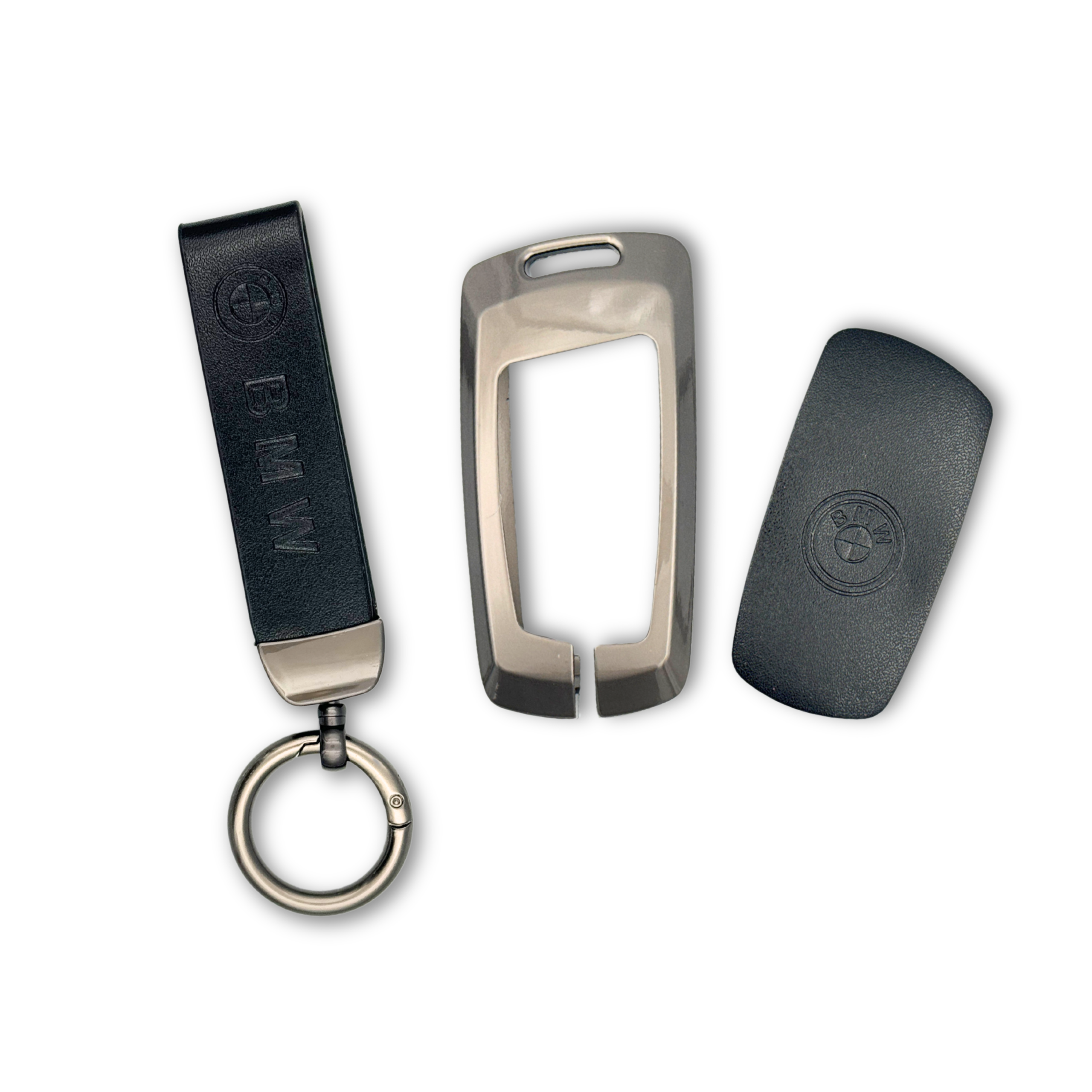 BMW Genuine Leather Keychain With Stainless Steel Cover (Black) - Coated
